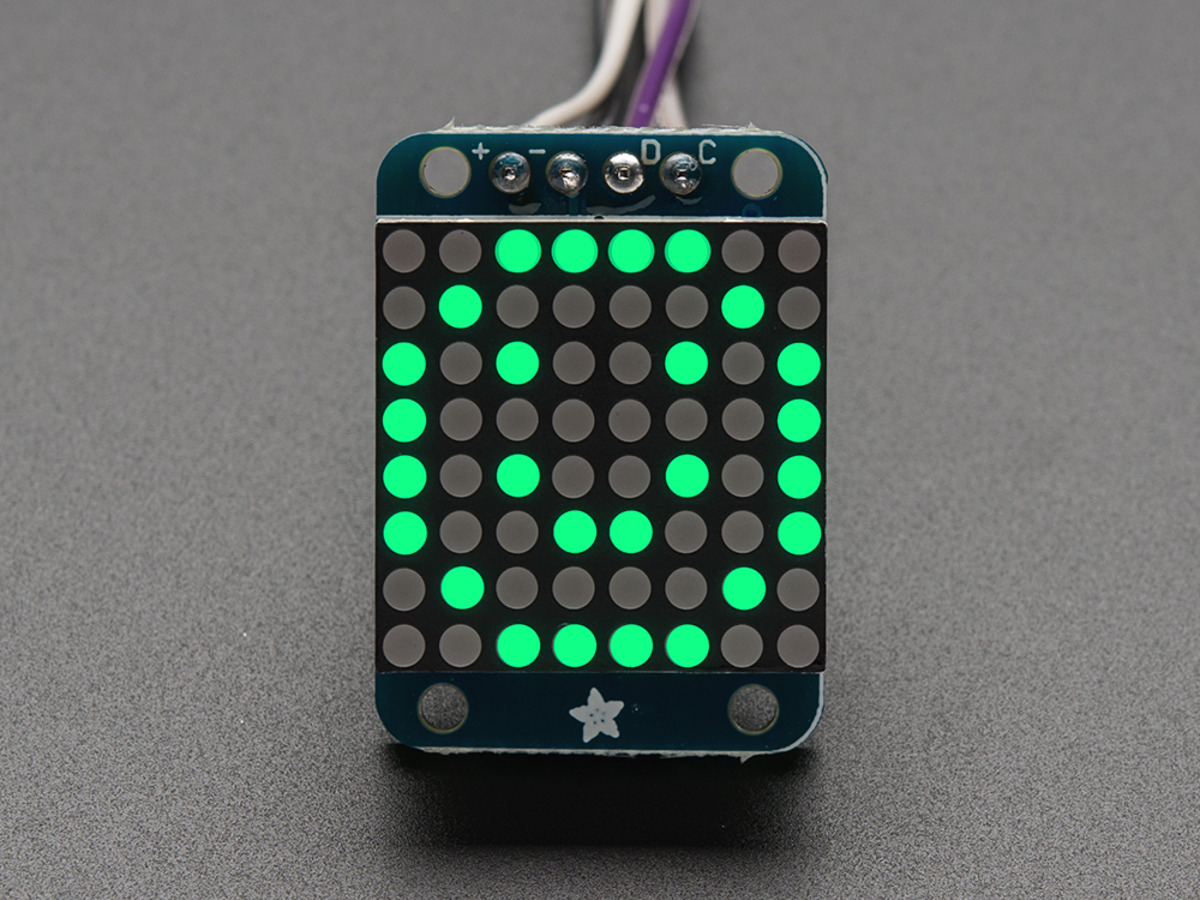 1633 Adafruit Adafruit Mini 0.8" 8x8 LED Matrix w/I2C Backpack - Pure Green